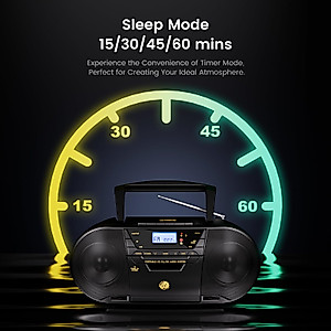 Boom Box CD and Cassette Tape Player, Hernpark Rechargeable CD Tape Player with Remote Control, Bluetooth, FM Radio, Sleep Mode, Stereo Sound, EQ Mode, USB Drive, Aux/Headphones Jack (Black)