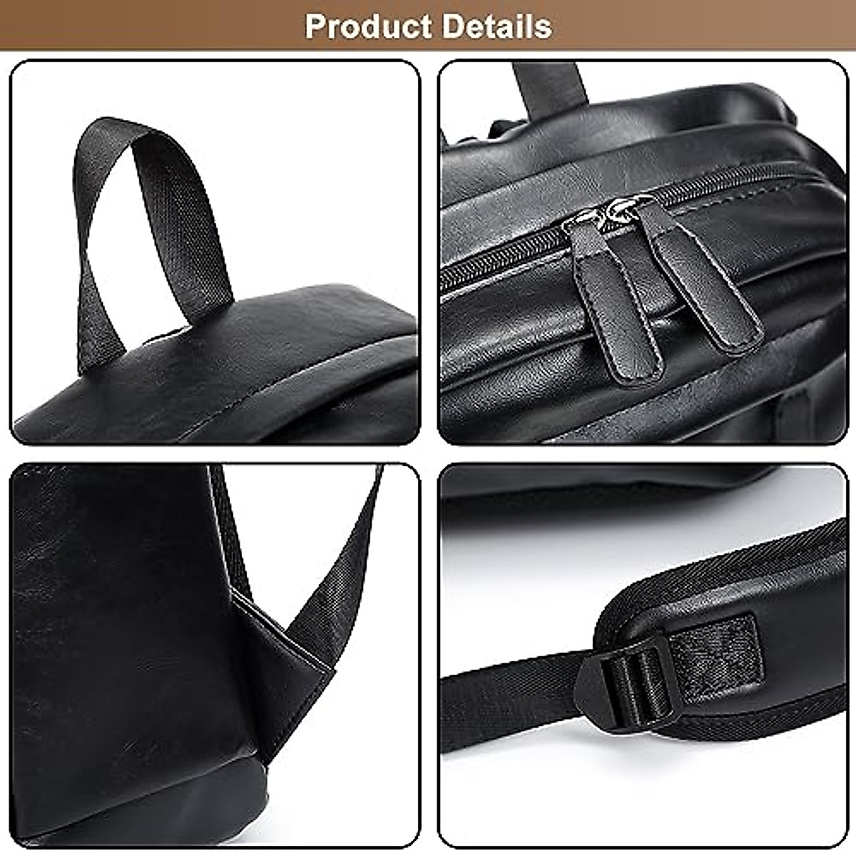 Men's 15 inch Laptop Backpack PU Leather Business Bookbag Large Capacity Casual Daypack for Work Commuting (Black)