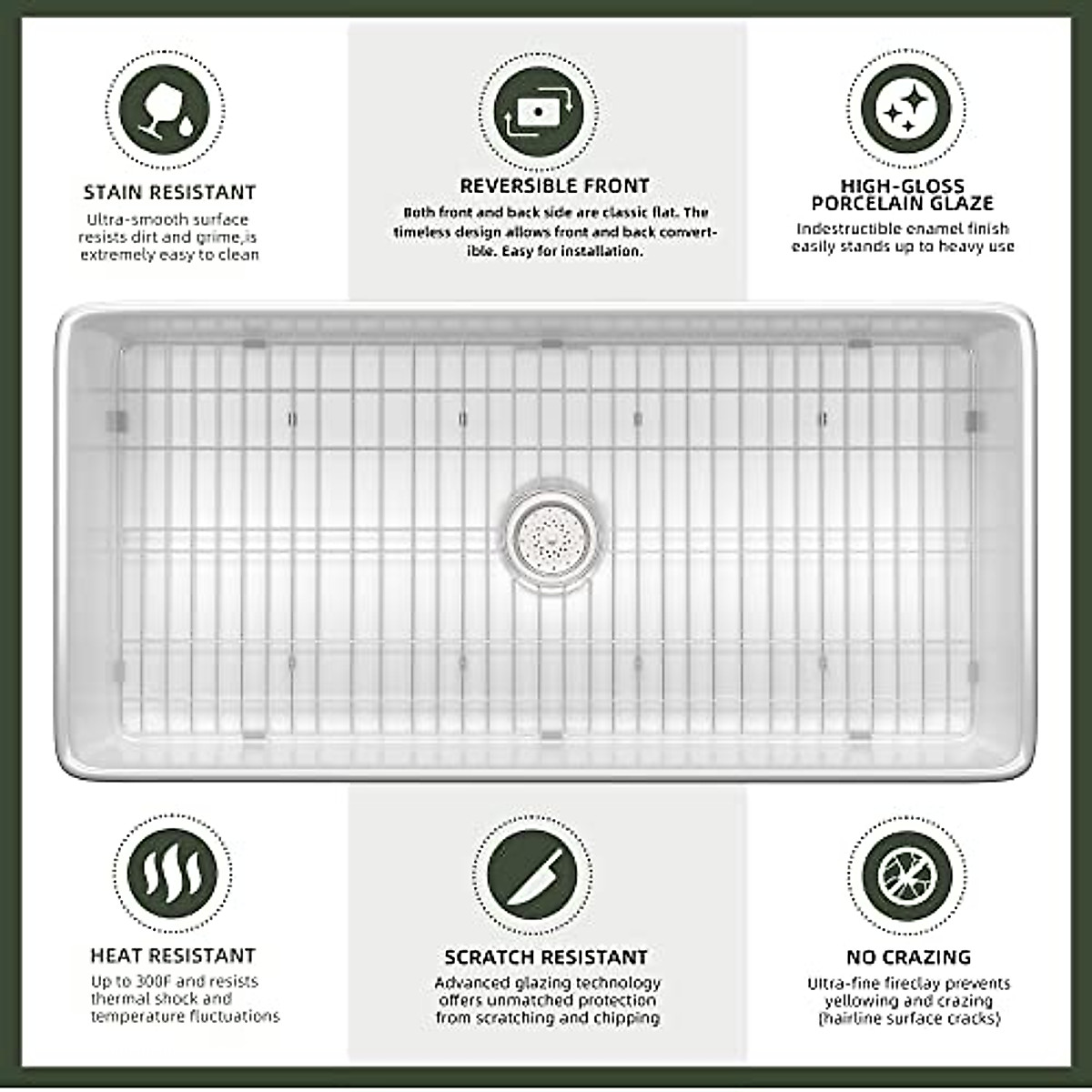 TUKTUK White Farmhouse Sink 36 Inch Fireclay Apron Front Single Bowl Kitchen Sinks Deep Drop In Farm Sink Undermount Luxury Bottom Grid & Strainer Drain Included