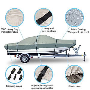 GEARFLAG Trailerable Boat Cover 600D Heavy Duty Waterproof Marine Grade UV Resistant fits V-hull Tri-hull Boat Reinforced windproof side straps (14'-16' Long, 600D, Beam Width to 90")