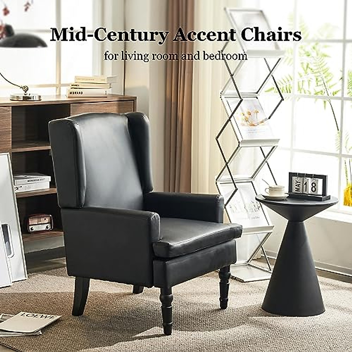 LOVSPATIO Faux Leather Accent Chair, Mid-Century Upholstered Living Room Chairs, Comfy Single Recliner Sofa with Arm and Wood Legs for Bedroom Waiting Room Office - Black