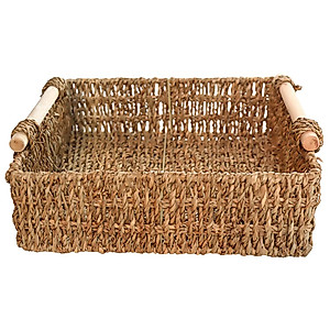 DOITOOL Hand- Woven Storage Basket with Wooden Handle, Rectangular Seagrass Storage Baskets, Wicker Baskets for Shelves, Natural Hyacinth Baskets for Organizing, 11.42x11.42x3.54