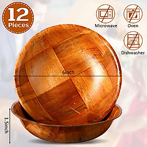 Didaey 12 Pieces Wooden Salad Bowl Set Salad Bowls for Lunch Woven Wooden Bowls for Snack Wooden Woven Salad Bowl Stackable Round Wood Serving Bowl for Kitchen and Salad Fruit Vegetable Snack, 6 Inch