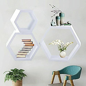LOYALHEARTDY White Hexagon Floating Shelves 3Pcs Wall Mounted Shelf Wood Farmhouse Storage Honeycomb Wall Shelf