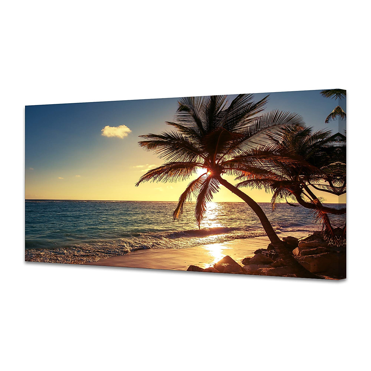 Muolunna S04975 Wall Art Decor Large Canvas Print Picture Sunset Ocean Beach Waves 1 Panel Coconut tree Scenery Painting Artwork for Office Home Decoration Stretched and Framed Ready to Hang XLarge