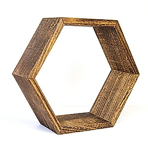 Hexagon Wooden Shelves – Set of 3 Geometric Floating Wall Shelf –Small, Medium, Large -Rustic Brown Honeycomb Design for Bedroom, Living Room, Office.
