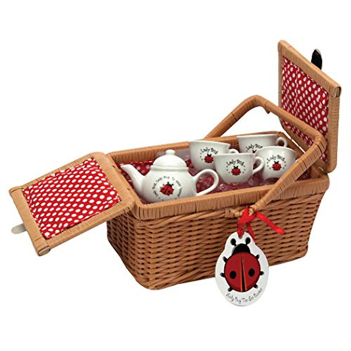 Schylling Ladybug Tea Set Basket - 23 Piece Miniature Porcelain Set with Picnic Basket - Includes Service for Four - Ages 8 and Up