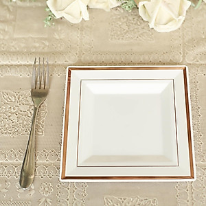 Tableclothsfactory 20 Pack 7" White Disposable Plates Square Plastic Plates Salad Dessert Plates With Shiny Rose Gold Rim For Weddings