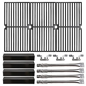 Hisencn 17.75 Inch Grill Grate, Burner Tube and Porcelain Heat Plate for Brinkmann 810-2410-S, 17 3/4" x 26 13/16" Cast Iron Cooking Grids Replacement