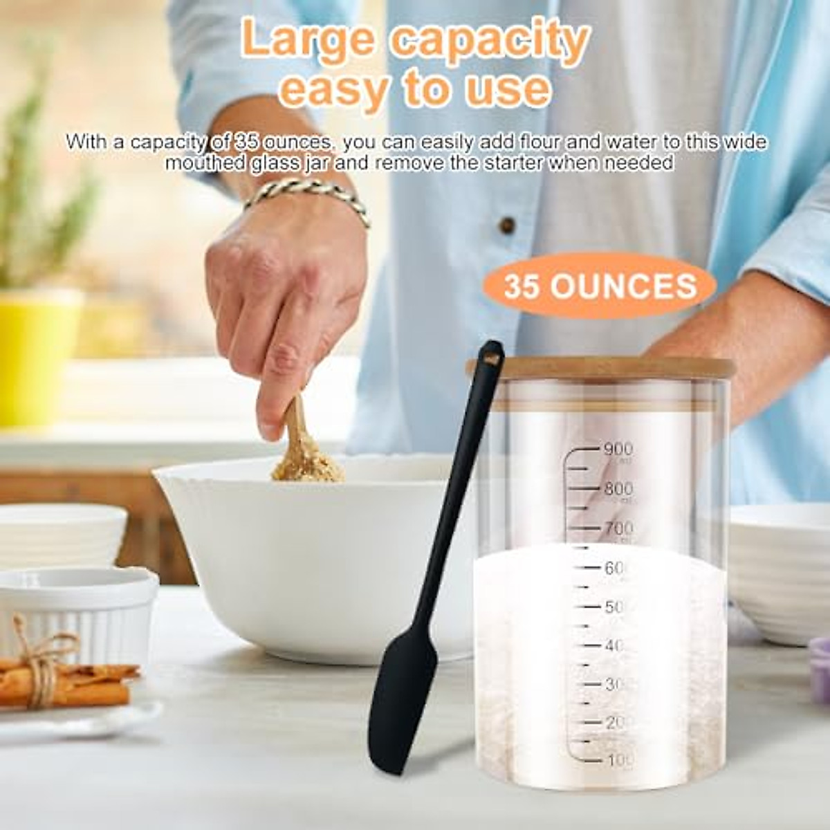 esidianzi 7Pcs Sourdough Starter Jar Kit with Scale 900ml Reusable Sourdough Starter Container with Bamboo Lid Multipurpose Wide Mouth Glass Sourdough Fermentation Jar for Sourdough Baking(as Shown)