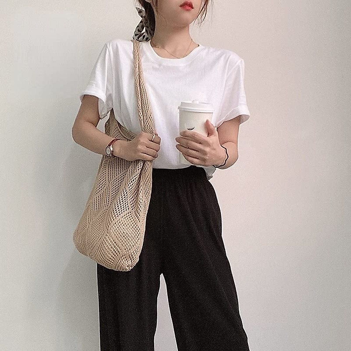 Women's Shoulder Handbags Y2K Fairy Grunge Crochet Tote Bag Aesthetic Hippie Shopping Bag Indie Purse Accessories (Black)