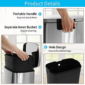 BLKMTY Trash Can 13 Gallon Trash Can Kitchen Trash Cans with Lid Stainless Steel Trash Bin Step Garbage Bin with Inner Bucket Pedal Rubbish Bin for Office Step-Open Steel Garbage Can, Silver