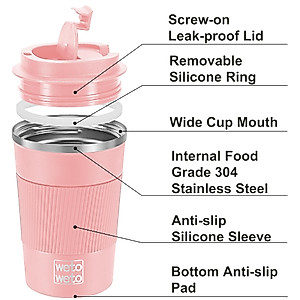 WETOWETO 12 oz Insulated Coffee Cup, Spill Proof Travel Coffee Mug, Vacuum Stainless Steel Coffee Tumbler, Coffee Mug with Lid, Portable Thermal Mug, Reusable Travel Coffee Cup(Pink)