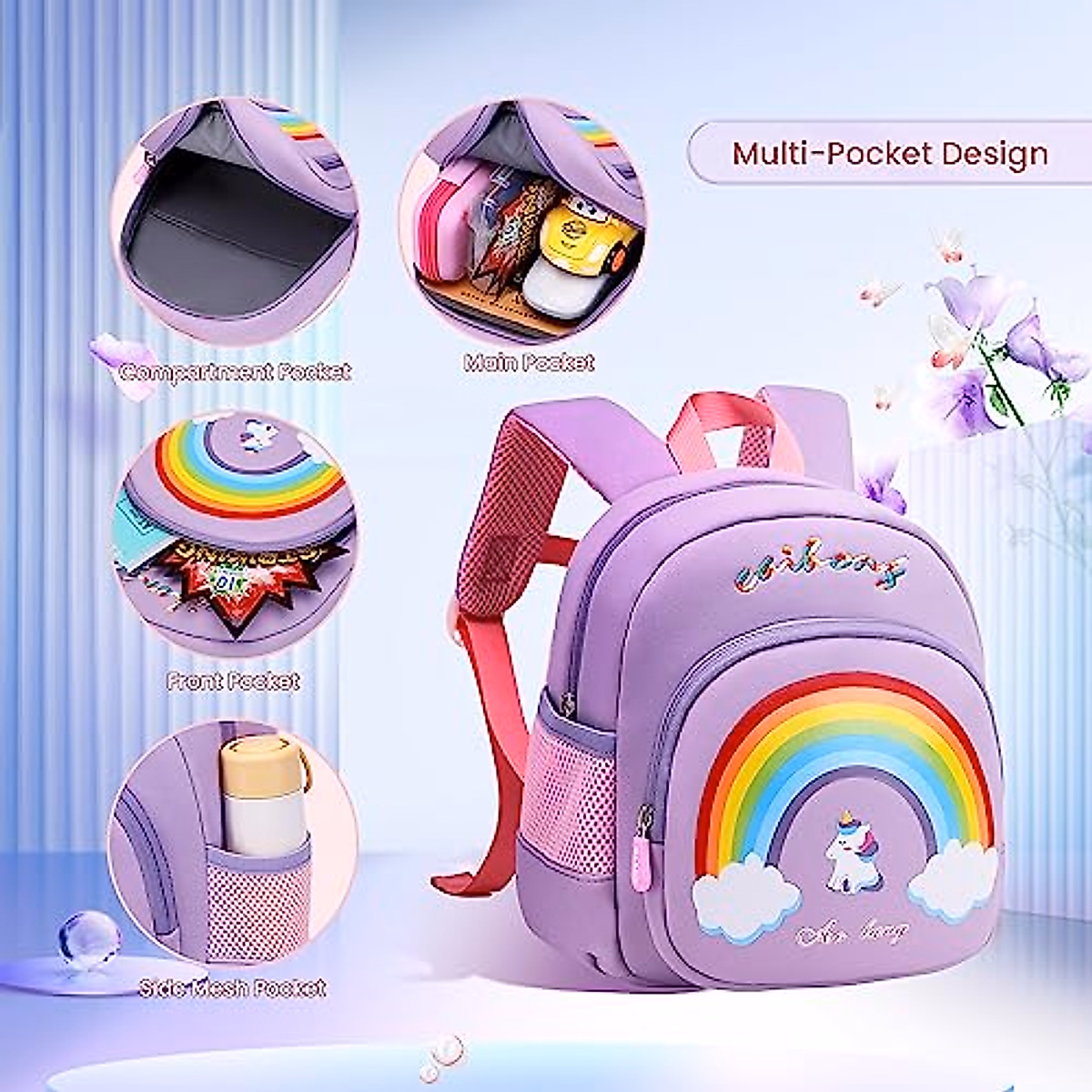 MUSEVOS Rainbow Toddler Backpack for Kids 1-3 Years Old, Mini Toddler Backpack Boys 2-3 Year Old Girls, Small Neoprene Preschool Backpack for Kids with Anti-lost Safety Leash for Daycare Outdoor