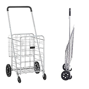 XYYSSM Iron 1200mm Telescopic Armrest 0.8mm 16# Round Tube 50kg Silver Foldable Shopping Cart, Shopping Cart with Dual Swivel Wheels for Groceries - Compact Folding Portable Cart Saves Space