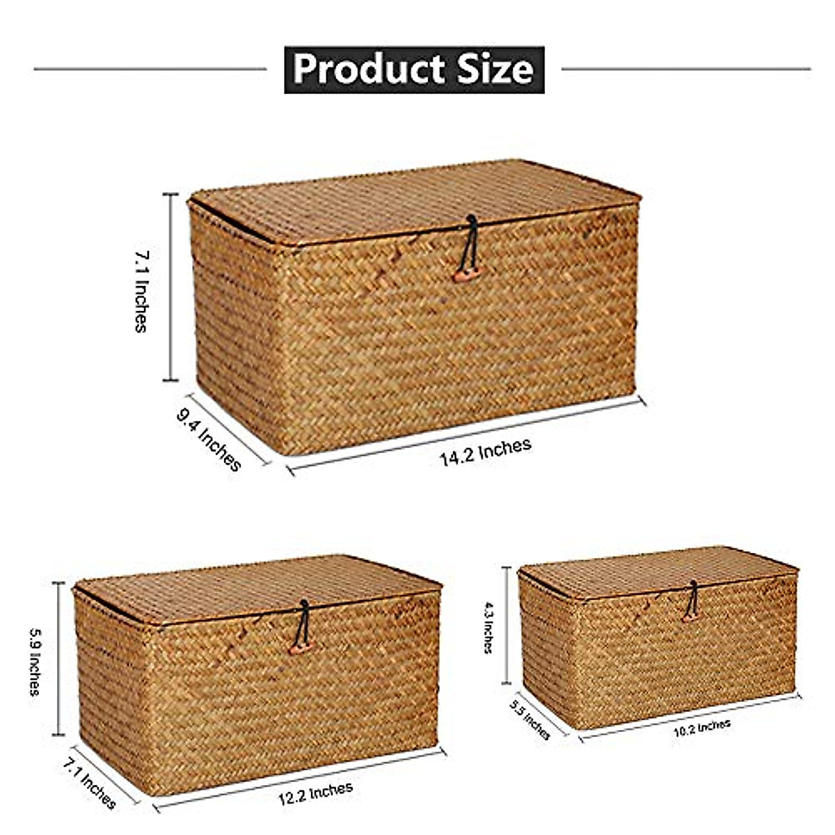 Najer 3-piece Set Rectangular Handmade Seagrass Baskets with Lids，Multifunctional Storage Solution，Ochre