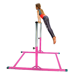 Kids Expandable Kip Bar with Tumble Mat Professional Horizontal Gymnastics Asymmetric Bar 4x6 FT Mat Jungle Gym Height Adjustable 3 to 5 FT Pink
