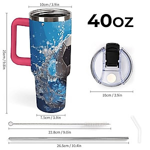 LLUTSNTH 40 Oz Vacuum Tumbler with Light Rose Red Handle Leakproof Insulated Tumbler Soccer Ball Water Stainless Steel Travel Mug with Lid And Straw Coffee Cup Cute Water Bottles Cup Holder Friendly