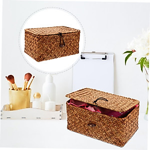 Didiseaon 2 Pcs Woven Storage Box Storage Baskets with Lids Baskets with Lids for Organizing Wicker Shelf Tall Wicker Basket Desk Storage Organizer Seaweed Case Rectangle Bamboo Storage Rack
