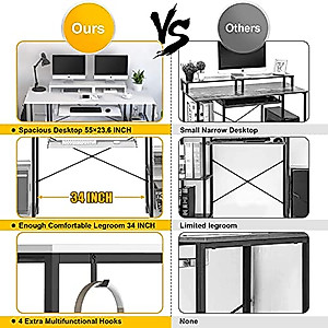 White Desk with Keyboard Tray, 55 INCH Desk with Storage Shelves Modern Computer Desks for Home Office Study Desk with Monitor Shelf Industrial PC Desk Studio Desk with Iron Hooks, Easy to Assemble