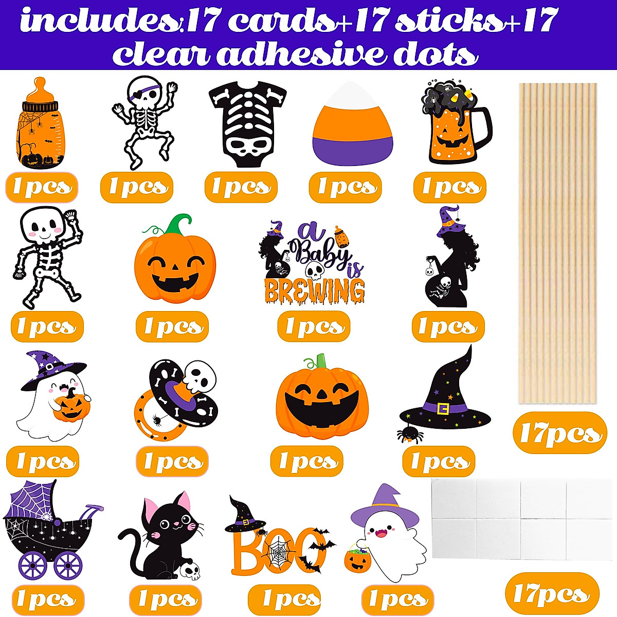 A Baby is Brewing Halloween Centerpiece Sticks 17Pcs Halloween Baby Shower Decorations Baby Brewing Little Boo Party Table Topper Decorations for Halloween Pregnancy Gender Reveal Party Supplies