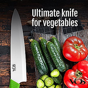 Vos Ceramic Chef Knife 8 Inch with Cover and a Gift Box - Sharp Zirconia Blade Edge for Cutting, Paring, Slicing, Dicing, Chopping - Ideal for Vegetable and Fruit (Green)