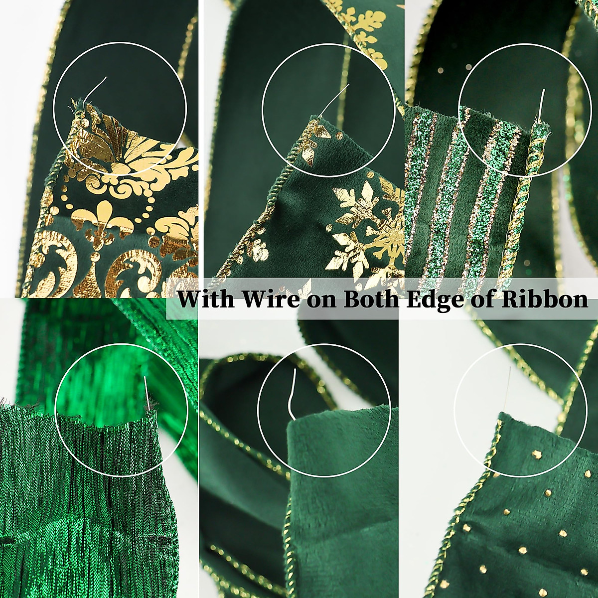 HUIHUANG Green Velvet Christmas Ribbons - Wired for Trees, Wreaths, Garlands, Bows - 2-1/2" x 6 Rolls, 36 Yds Total
