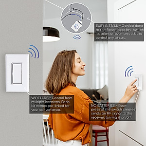 RunLessWire 3-Way Remote Light Switch Kit Wireless Battery-Free Self-Powered Kinetic DIY Wall Switch 150ft RF Range - 3 Way: 1 On/Off Receiver, 2 Switches - White