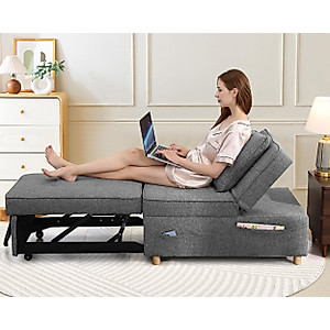 SEJOV Sleeper Sofa Chair Bed,4-in-1 Convertible Sofa Bed Chair with 6 Adjustable Backrest and Pillow, 3-Seat Pull Out Sleeper Chair Linen No Backrest for Bedroom Small Space Living Room, Dark Grey