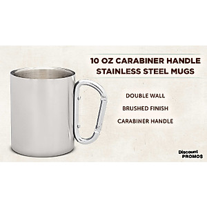 DISCOUNT PROMOS Stainless Steel Mugs with Carabiner Handle 10 oz. Set of 10, Bulk Pack - Perfect for Coffee, Soda, Other Hot & Cold Beverages - Silver