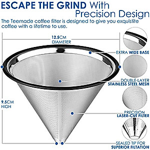 TEEMADE Pour Over Coffee Filter Metal Base Reusable Stainless Steel Coffee Dripper Perfect for Chemex Hario Bodum & Other Coffee Makers Paperless Coffee Filter for Sustainable Brewing