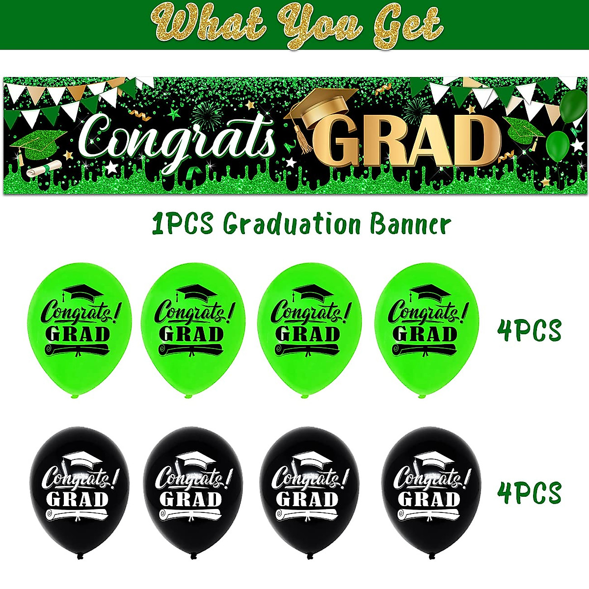 Large Congrats Grad Banner Green Class of 2023 Graduation Banner With 8 Pcs Balloons Decorations Yard Sign For College Graduation Party Supplies