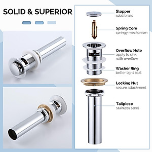 Bathroom Sink Drain Chrome, Angle Simple Brass Sink Stopper with Overflow, Pop Up Darin Assembly