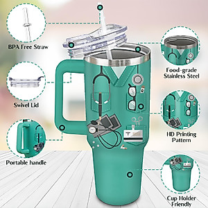 qoepfnsh Nurse 40 oz Tumbler with Handle - Stainless Steel Insulated Travel Coffee Mug Cup - Green - 40oz Tumblers with Lid and Straw - Nurse Gifts for Women