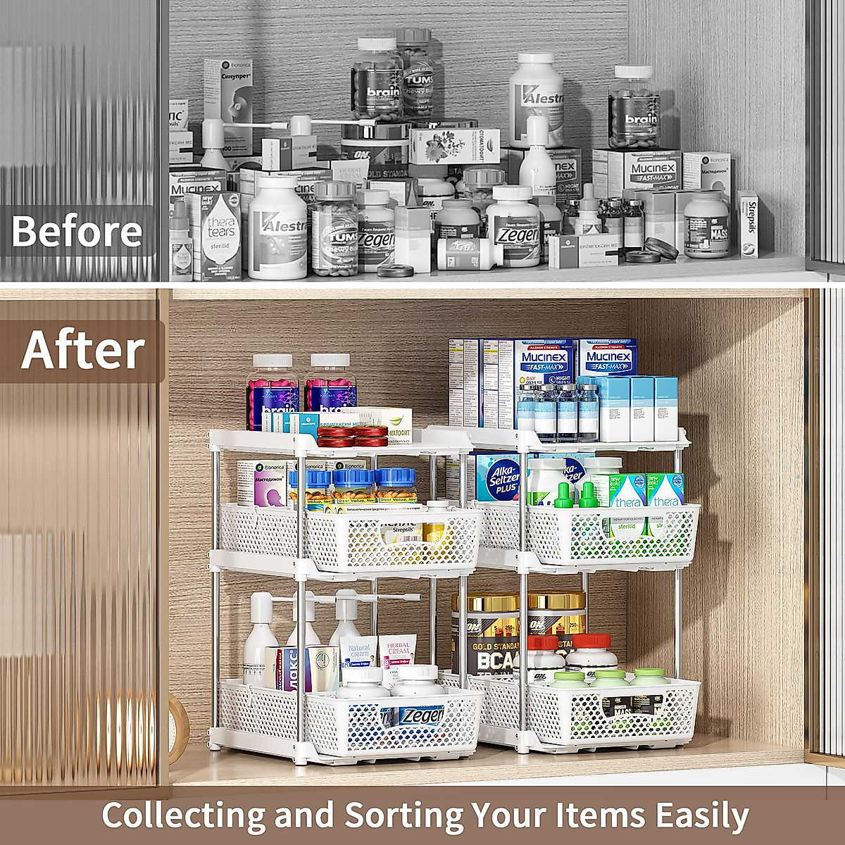 DABIGE 2Pcs 3 Tier Bathroom Organizers and Storage, UPGRADE WIDER BOLDER, Pull Out Under Sink Organizer with Dividers, Kitchen Pantry Organizers and Storage, Bathroom Storage Cabinet - White