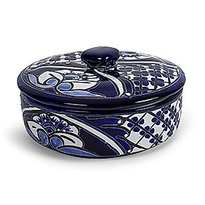 FESTMEX Genuine Mexican Talavera Hand Painted Tortillero Ceramic Tortilla warmer bowl with lid Handmade in Mexico by Artisans (Blue)