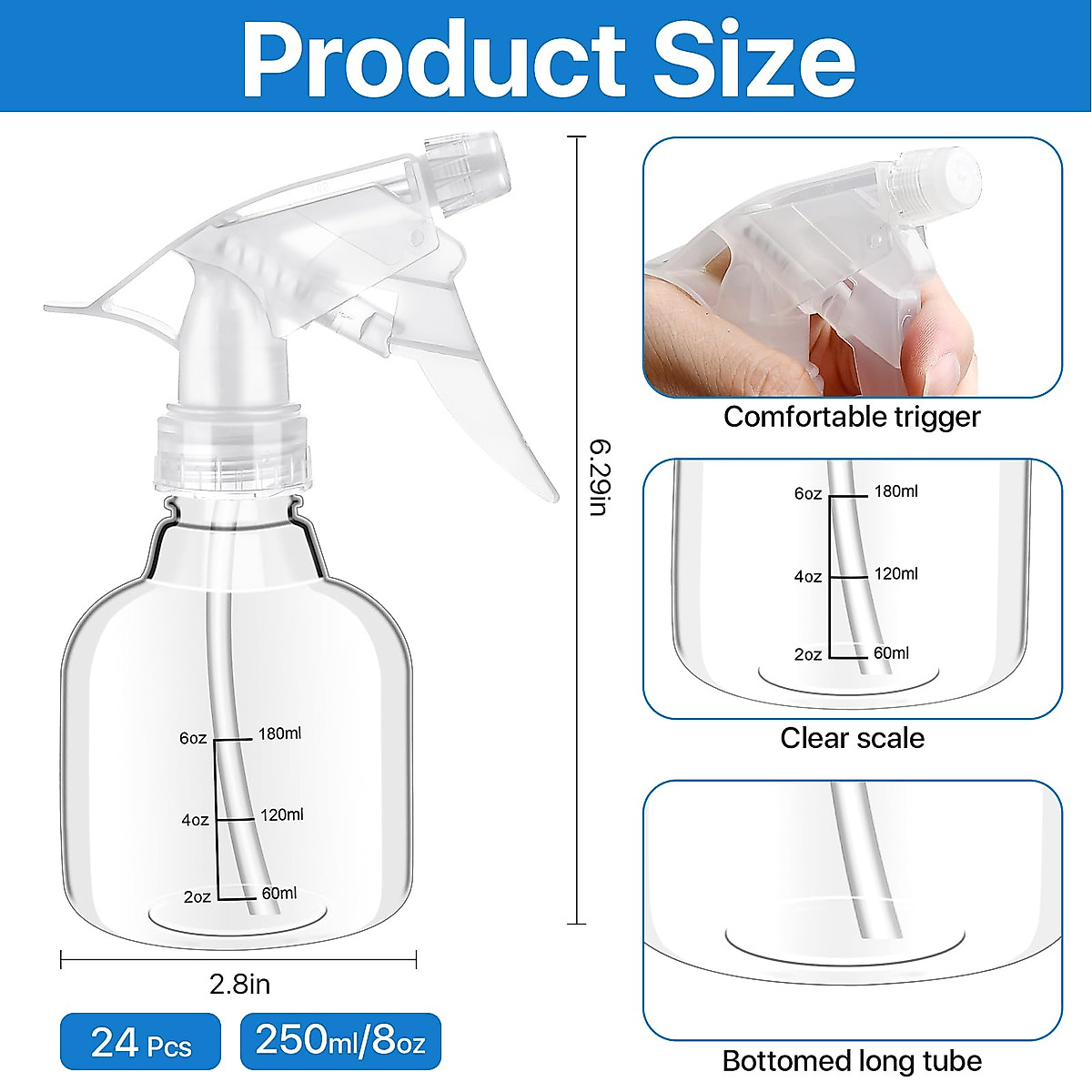Worldity 24 Pcs Empty Plastic Spray Bottles 8 oz, Clear Spray Bottles, Mini Spray Bottles with Measurement Adjustable Nozzle, Refillable Spray Bottles for Hair Plant Kitchen Bath