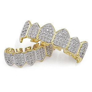 Moca Jewelry Hip Hop Unisex 18K Gold Plated Iced Out CZ Simulated Diamond Top Bottom Teeth Grillz Set for Men Women