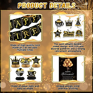 Happy Retirement Party Decorations for Men Women Black and Gold Retirement Party Decorations Happy Retirement Banner Backdrop Card Retirement Sash Hanging Swirls Foil Balloons Honeycomb Centerpieces