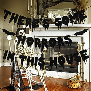 There's Some Horrors In This House Banner Black Glitter - Halloween Horror Party Banner Decorations for Home Office Fireplace Mantle Halloween Haunted House Decorations Halloween Bat Decor