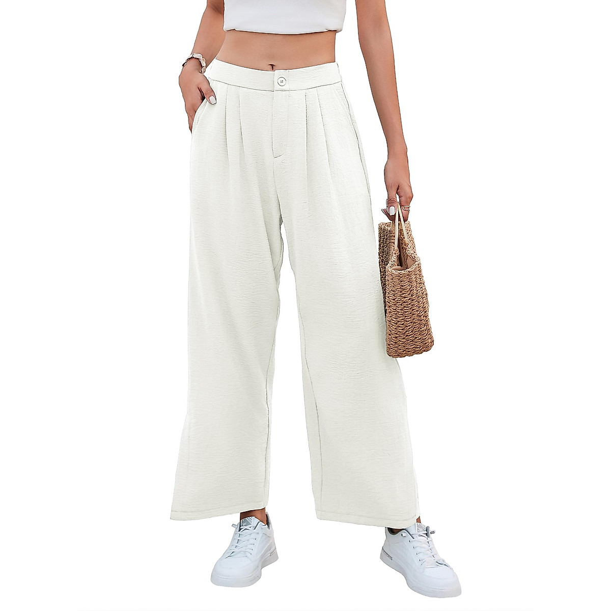 Poplab Wide Leg Petite Pants for Women Casual Flowy Elastic High Waist Capri Trousers with Pockets White, S