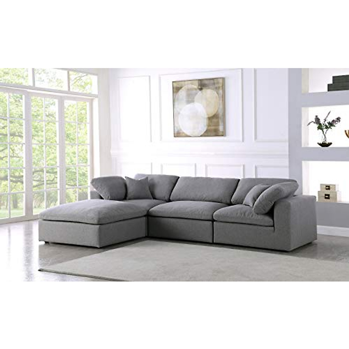 Meridian Furniture Serene Collection Modern | Contemporary Deluxe Comfort Modular Sectional, Soft Linen Textured Fabric, Down Cushions, 2 Corner + 1 Armless + 1 Ottoman, Grey