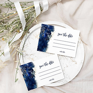 Paper Clever Party Blue Save the Date with Envelopes, All Occasion Cards for Wedding Invitations, Birthday, Graduation, Watercolor Gold Floral, 3.5x5, 25 Pack