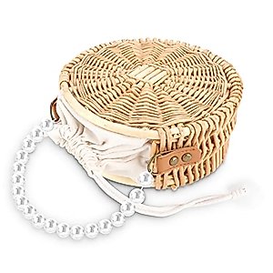 Welltop Round Rattan Bag, Beach Rattan Bag, Pearl Chain Bali Rattan Round Bag Straw Rattan Bags for Women Bohemian Straw Basket Wicker Handwoven Handbag Vacation Essential Cute Straw Totes