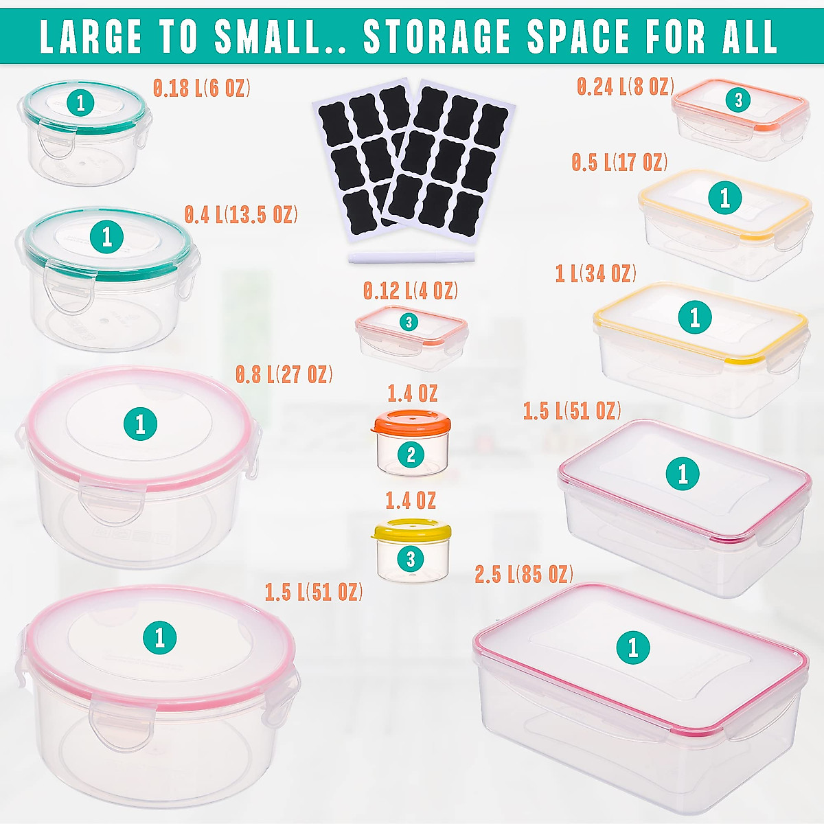 38 Pcs Large Food storage containers-85 oz to Small Container Stackable Kitchen storage bowls sets-BPA Free Leak proof Plastic food Storage Containers with lids airtight-Microwave freezer safe