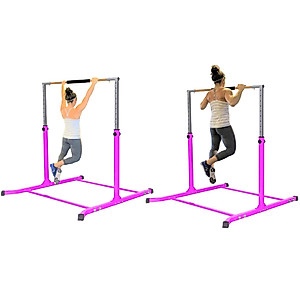 Pro-Gymnastics Expandable Gymnastics Kip Bar Horizontal Bar Junior Gymnastic Training High Bar Asymmetric Bar 13 Level Height Adjustable 3 to 5 FT Cushioned Bar & Curved Legs (Pink)