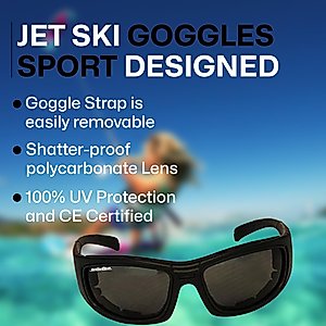 Stealth Hybrid Goggles Matte Black Frame/Smoke Sunglasses Floating Water Jet Ski Goggles Sport Designed for Kite Boarding, Surfer, Kayak, Jetskiing, other water sports.