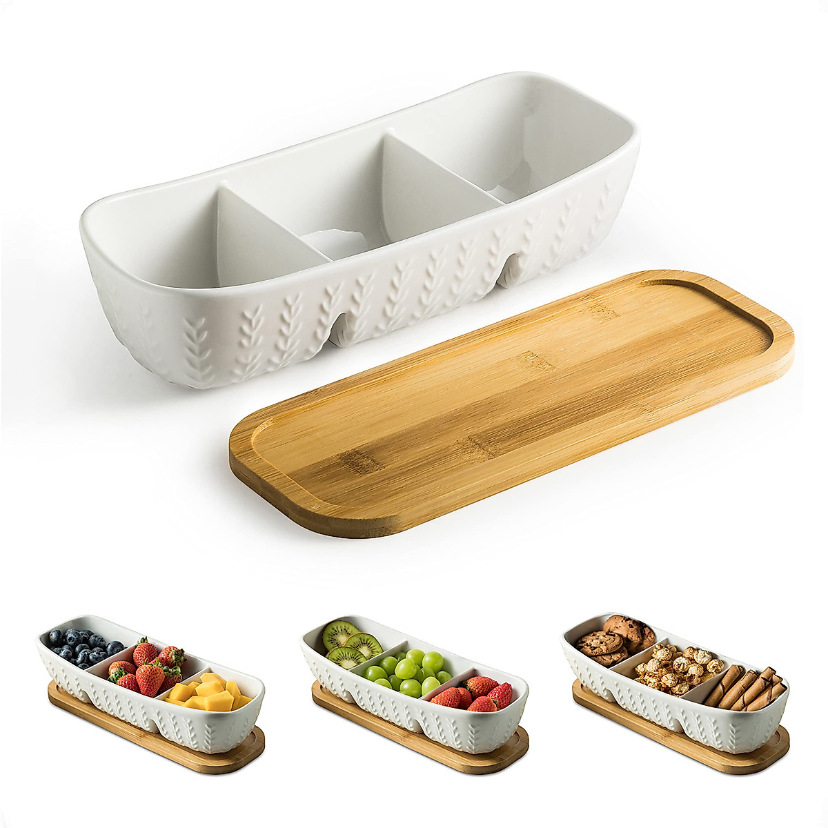 Miamolo Chip and Dip Serving Set with Acacia Wood Serving Tray, Majolica Salsa Turtles - Condiment Tray for Snacks, Appetizers, Charcuterie, Candy, Food, Divided Party Serving Trays