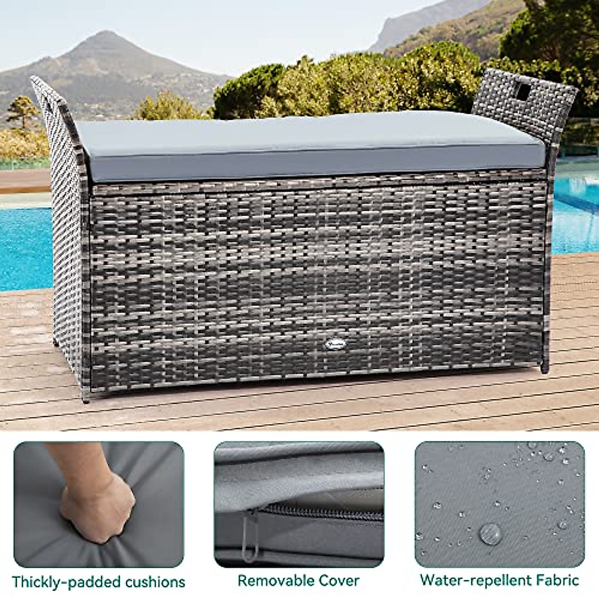 YITAHOME 90 Gallon Outdoor Wicker Storage Bench w/Cushion, Large PE Rattan Deck Storage Box w/Handles & Hydraulics for Patio Furniture, Cushions, Garden Tools, Pool & Sports Equipment, Gray