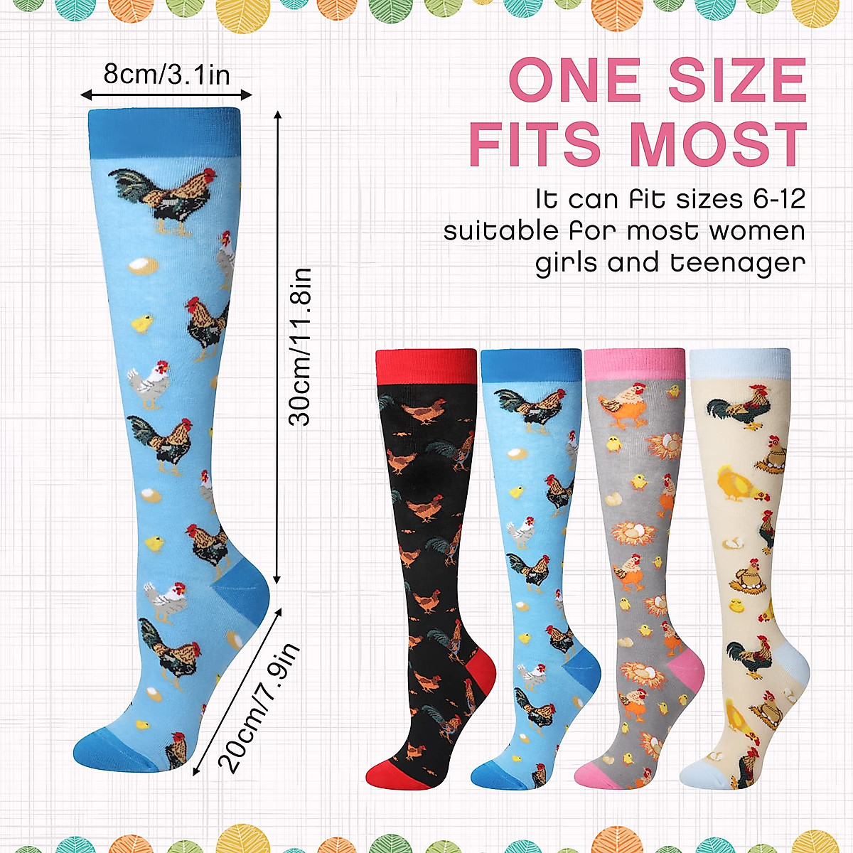 4 Pairs Funny Animal Knee Socks Novelty Animal Lovers Gifts Warm Horse Sloth Chicken Stockings for Women Men Girls (Chicken)